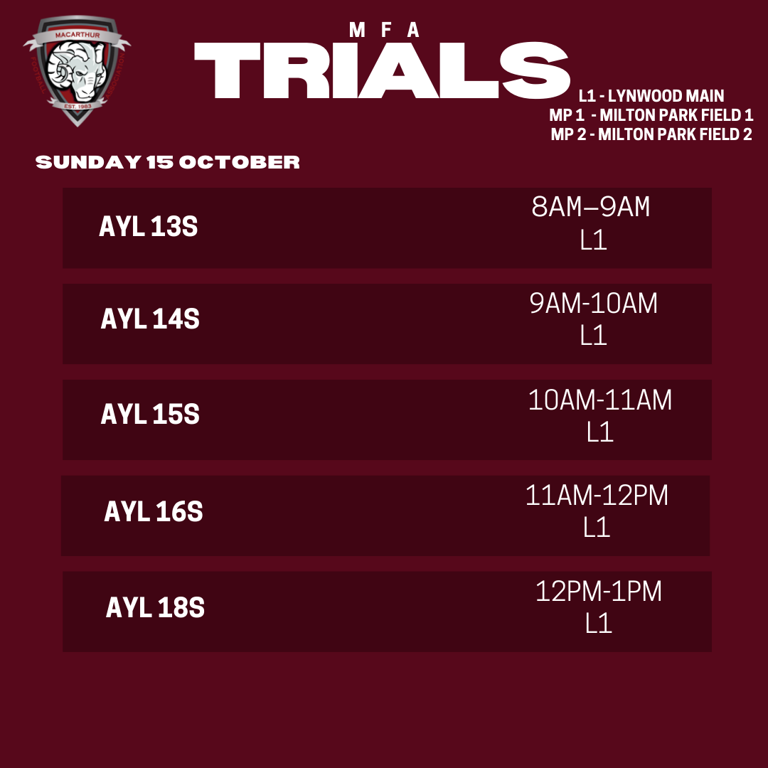 MFA SAP & AYL Trial Times Confirmed! - Macarthur Football Association