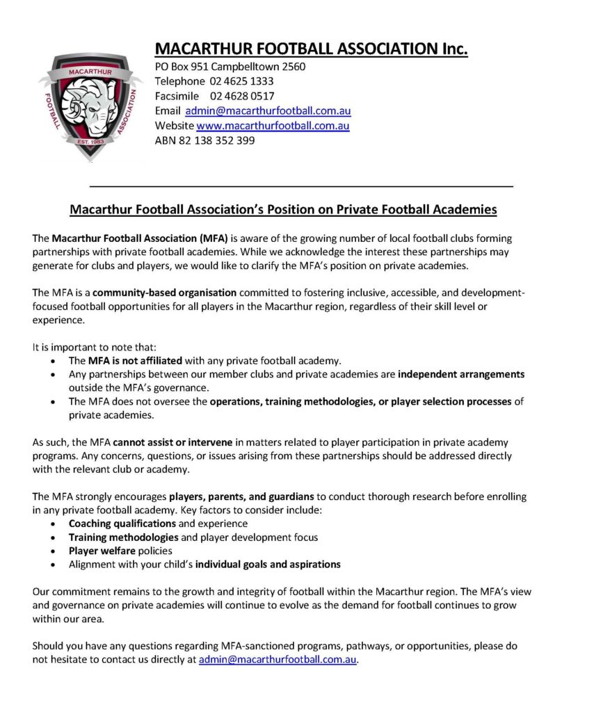 MFA Statement on Club-Private Academy Partnerships - Macarthur Football ...
